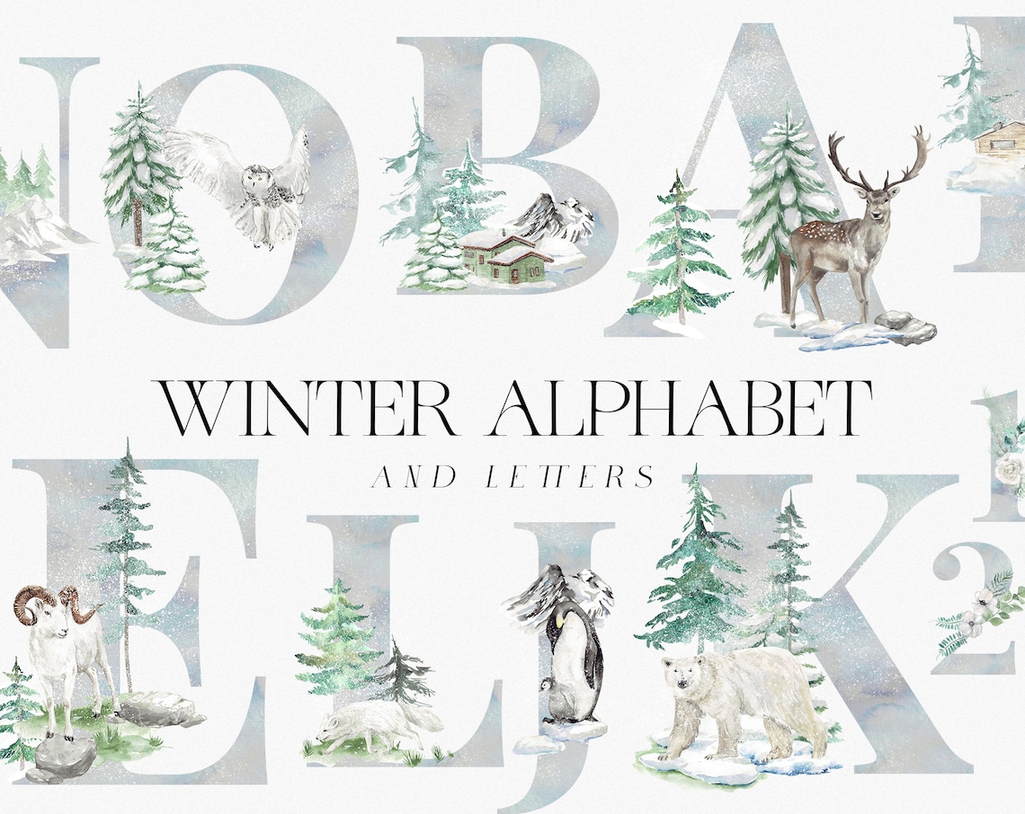 Watercolor Forest Mountain Alphabet Clipart Wintery Letters - Etsy