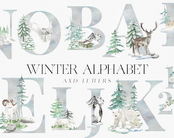 Watercolor Forest Mountain Alphabet Clipart Wintery Letters - Etsy