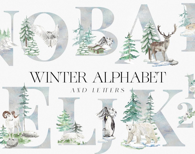Watercolor Forest Mountain Alphabet Clipart Wintery Letters - Etsy