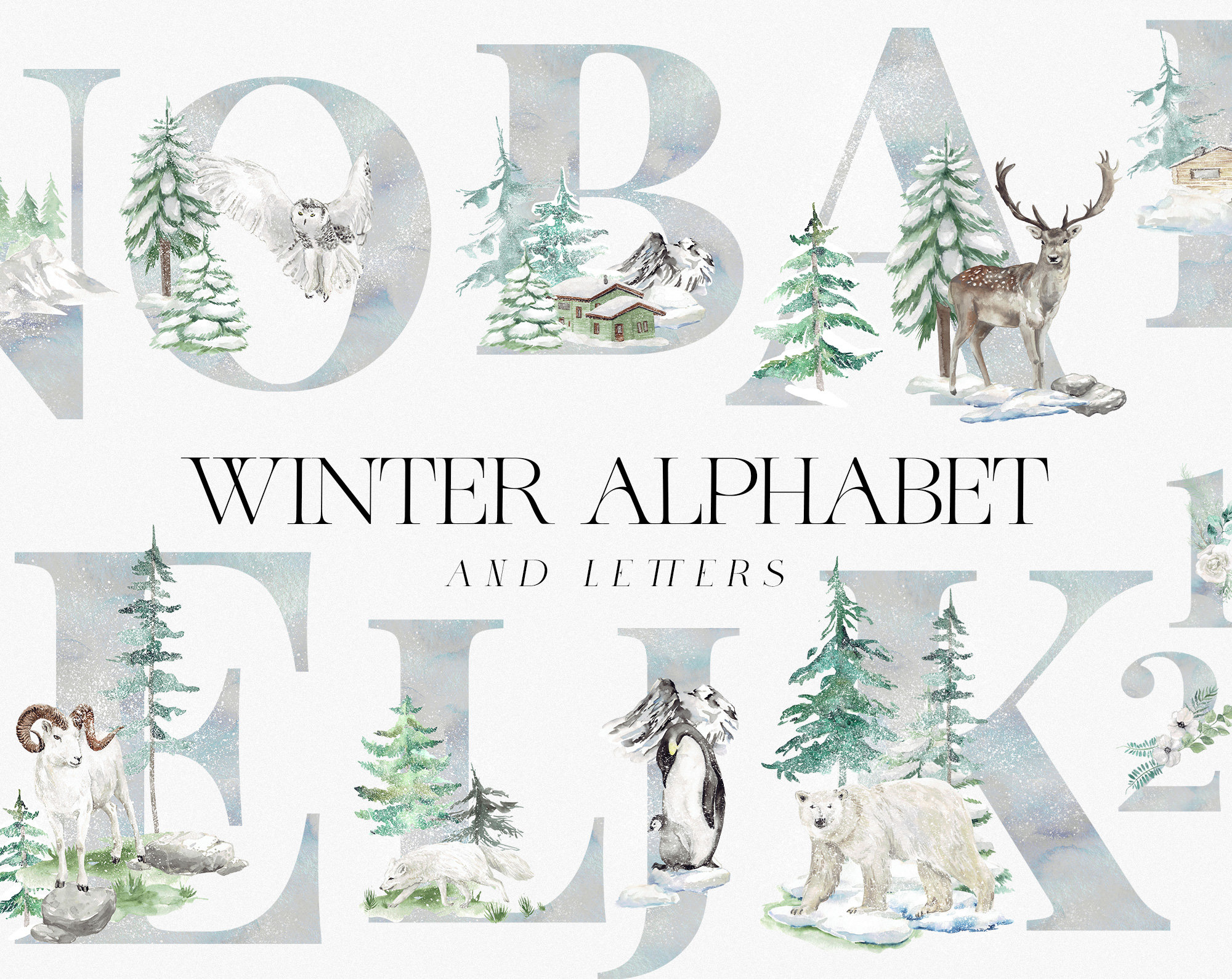 Watercolor Forest Mountain Alphabet Clipart Wintery Letters - Etsy