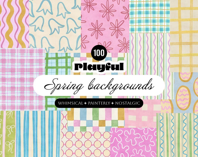 Playful Spring Backgrounds Clipart, Hand-drawn Plaid Textures ...