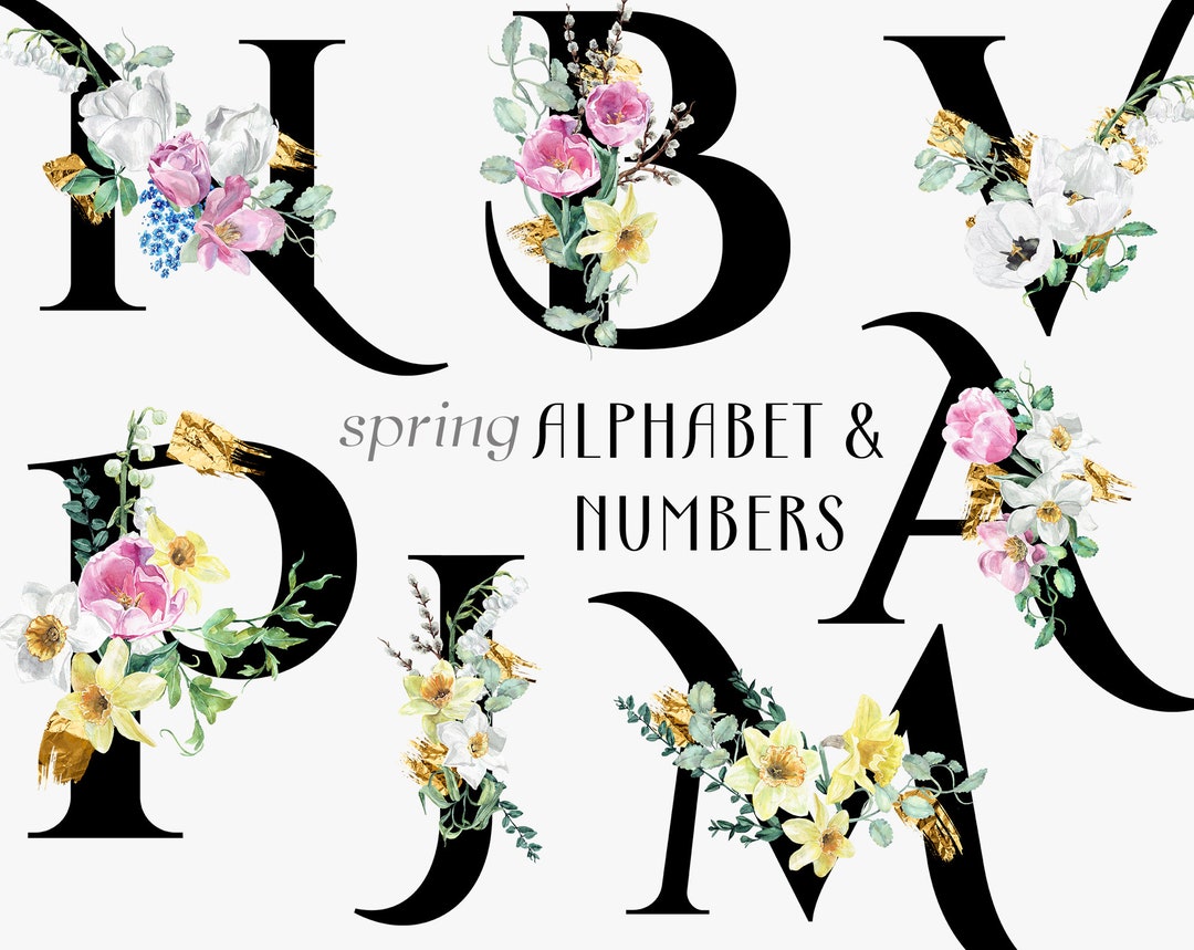 SPRING Essentials Black Alphabet, Pastel Floral Watercolor Letters ...