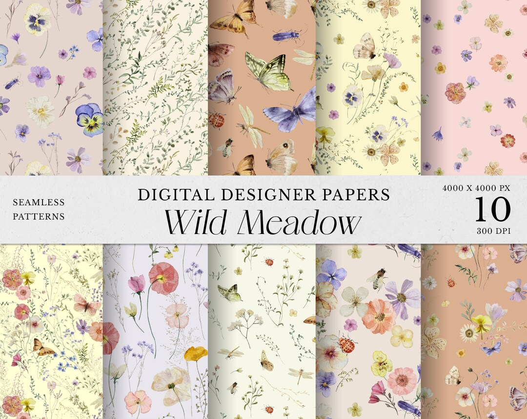 Wild Meadow Digital Papers Wildflower Watercolor Clipart, Delicate ...