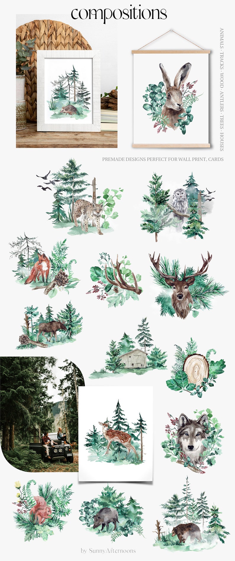 Watercolor Forest Digital Clipart Set Misty Woodland Forest | Etsy