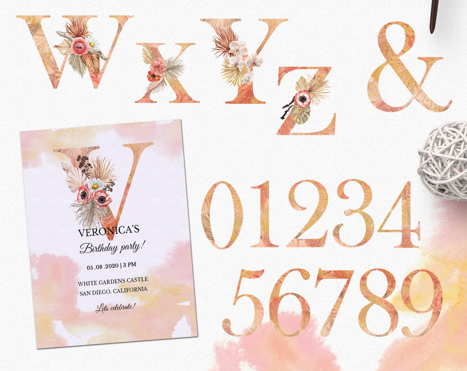 Watercolor Boho Floral Alphabet flowers and dried palm | Etsy