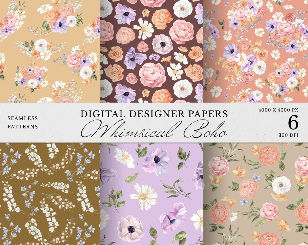 Whimsical Boho Digital Papers Watercolor Pastel Floral, Light Airy ...