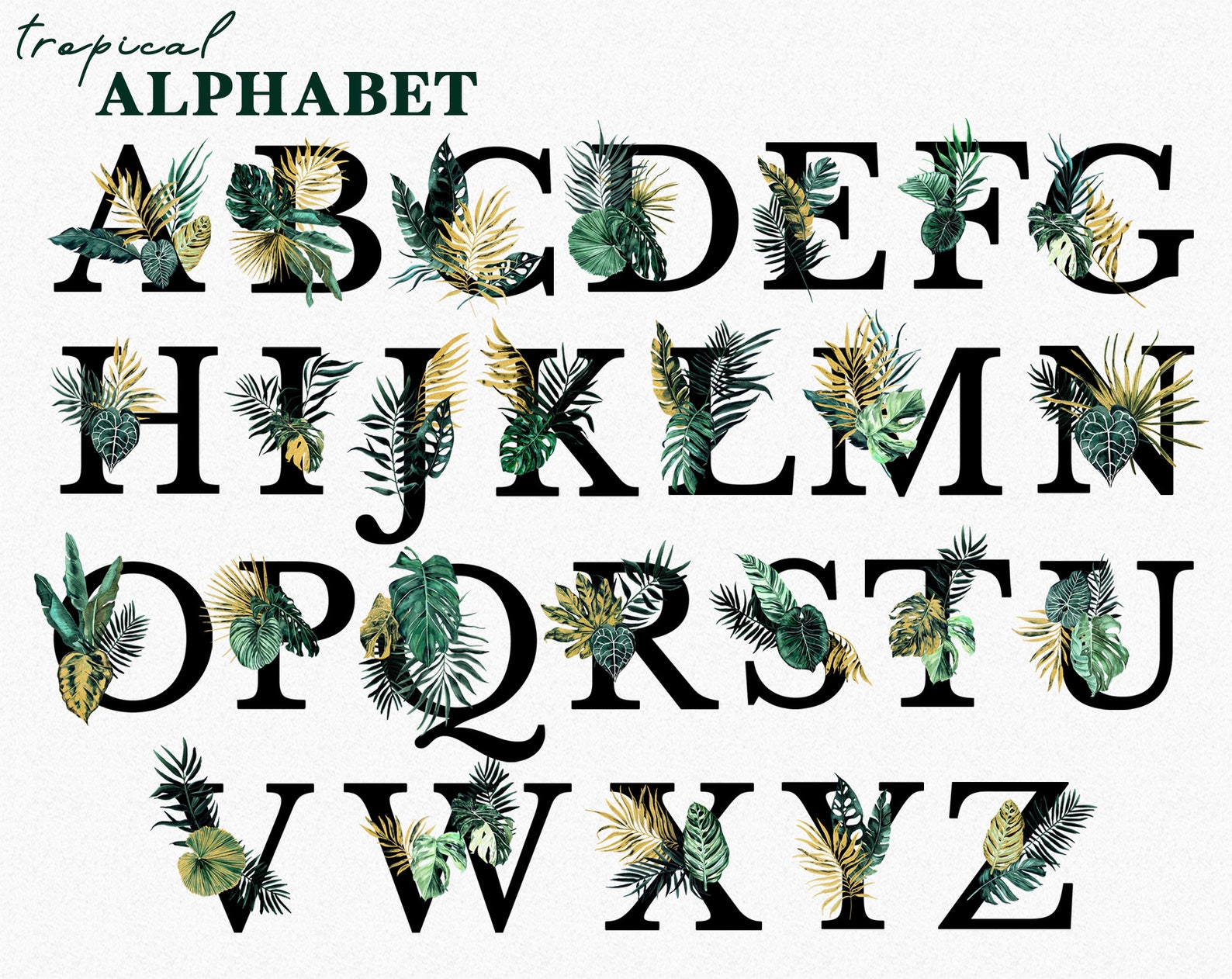Tropical Lush Watercolor Letters & Numbers Clipart, Exotic Jungle ...