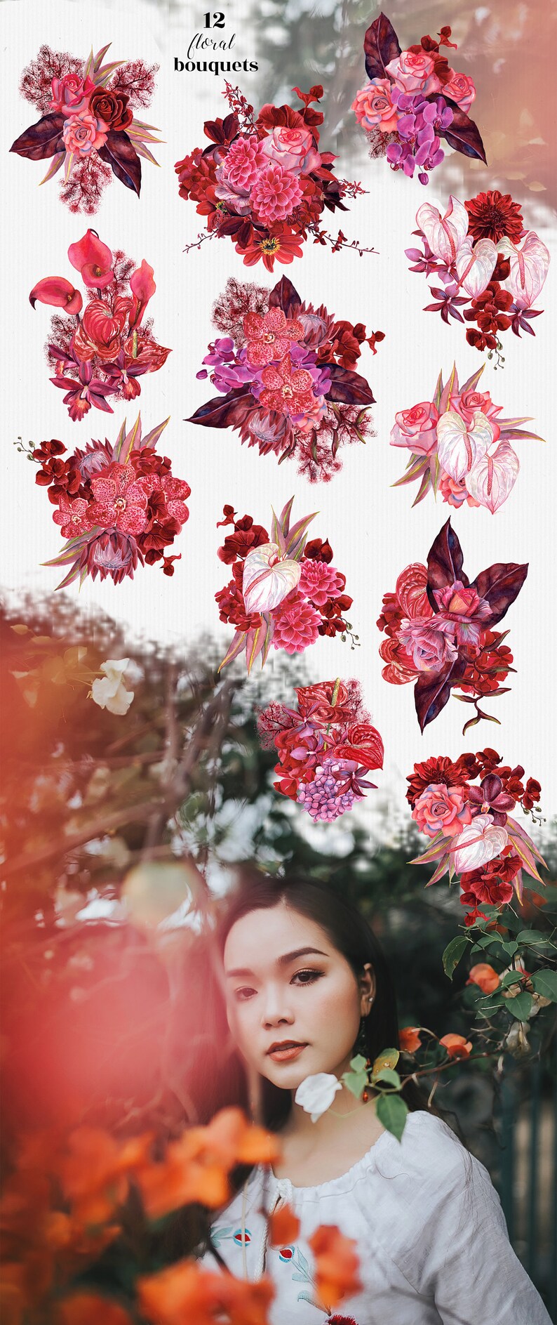 Crimson Floral Watercolor Clipart Roses Orchids Watercolor - Etsy