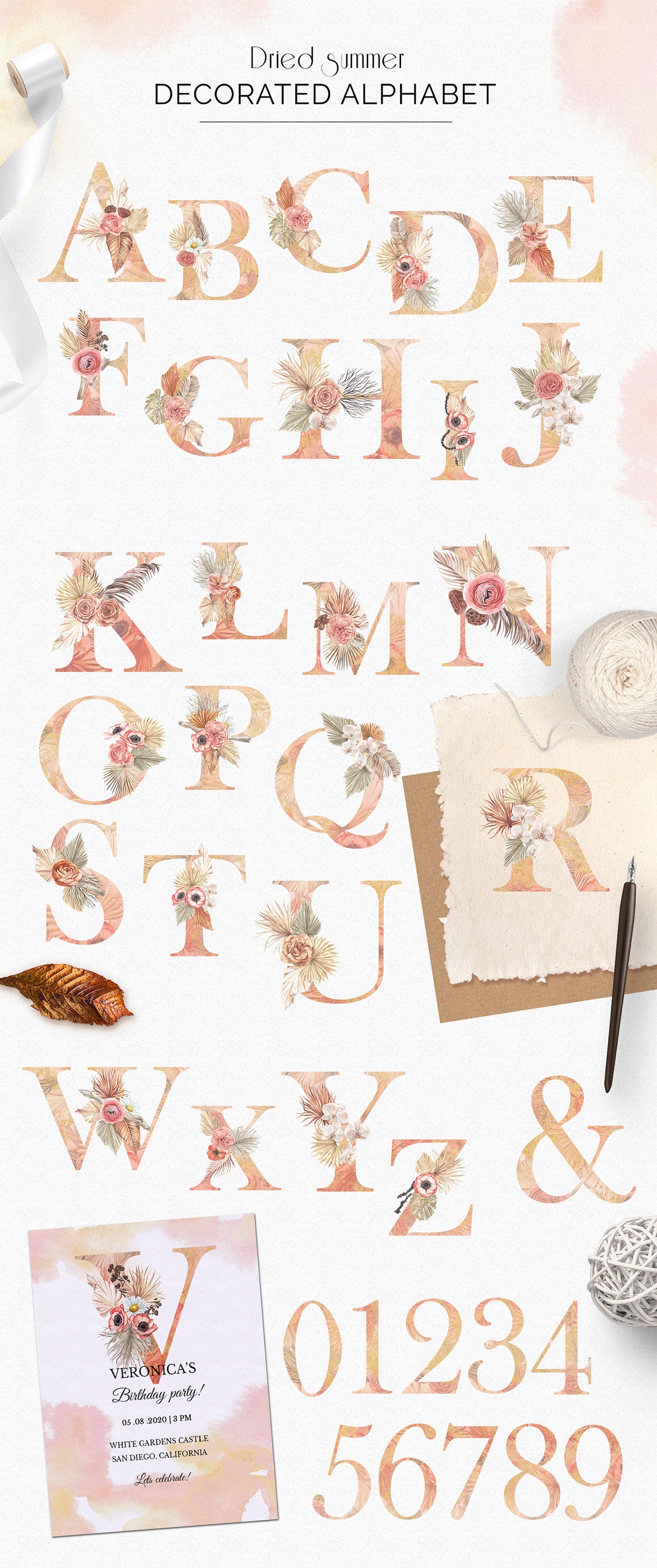 Watercolor Boho Floral Alphabet Flowers and Dried Palm - Etsy