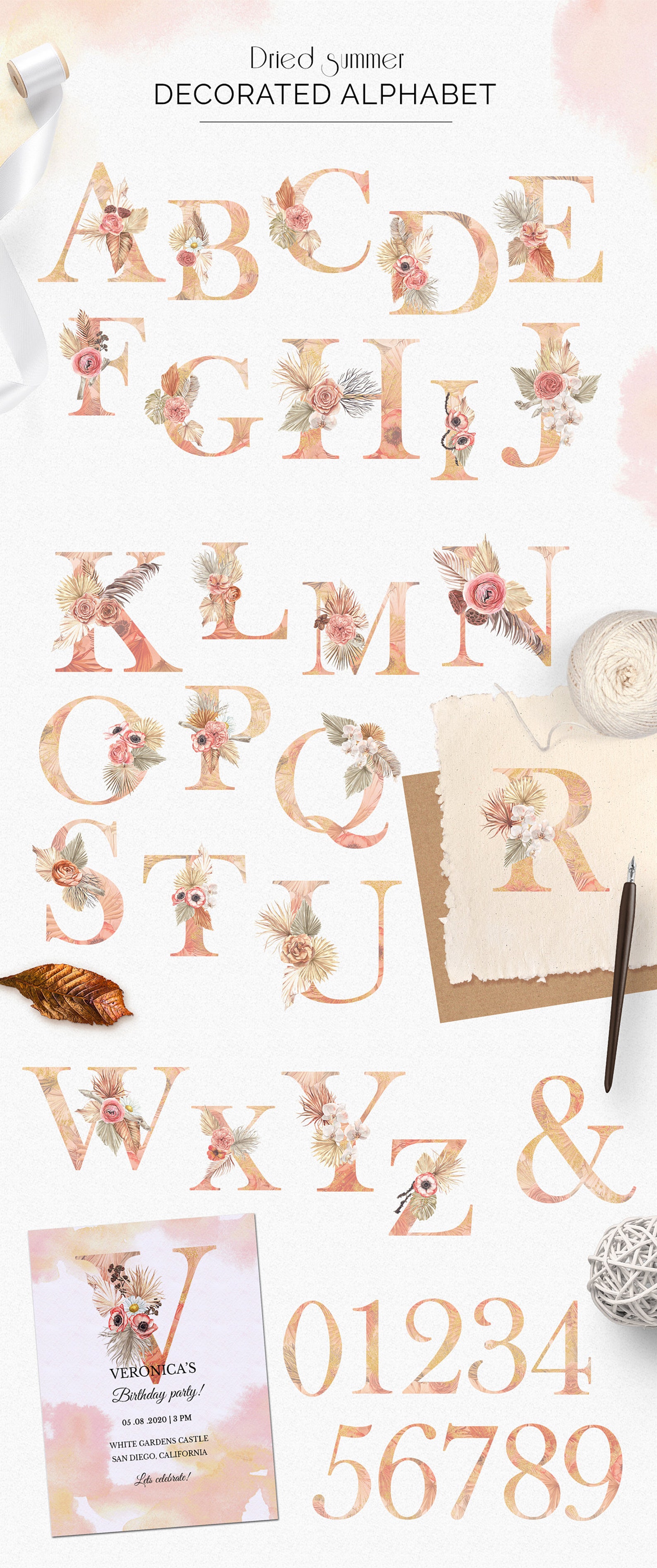 Watercolor Boho Floral Alphabet Flowers and Dried Palm - Etsy