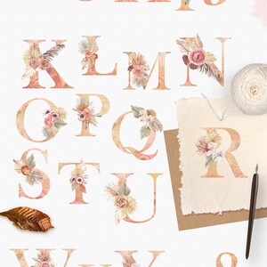 Watercolor Boho Floral Alphabet, Flowers and Dried Palm Leaves ...