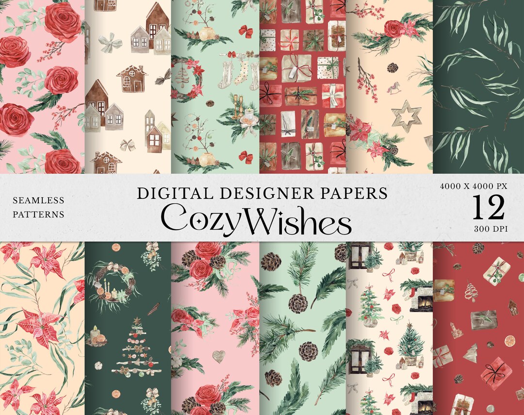 Christmas Papers, Winter Digital Papers, Cozy Watercolor Clipart ...