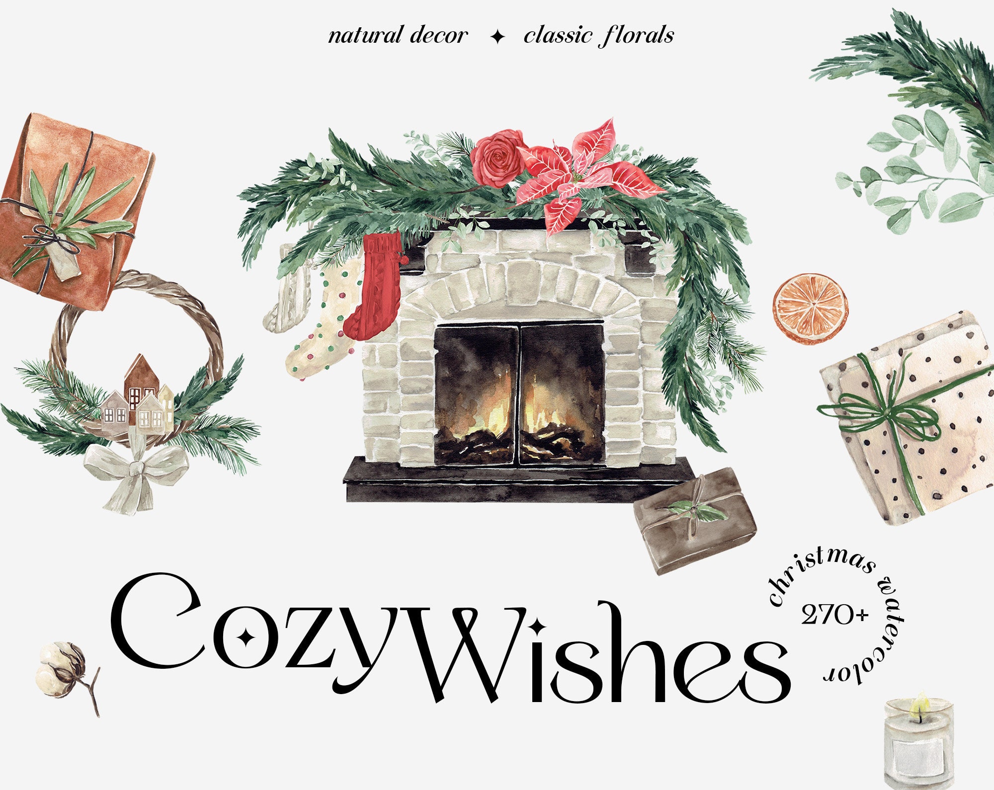 Cozy Winter Watercolor Clipart Natural Christmas Decor - Etsy