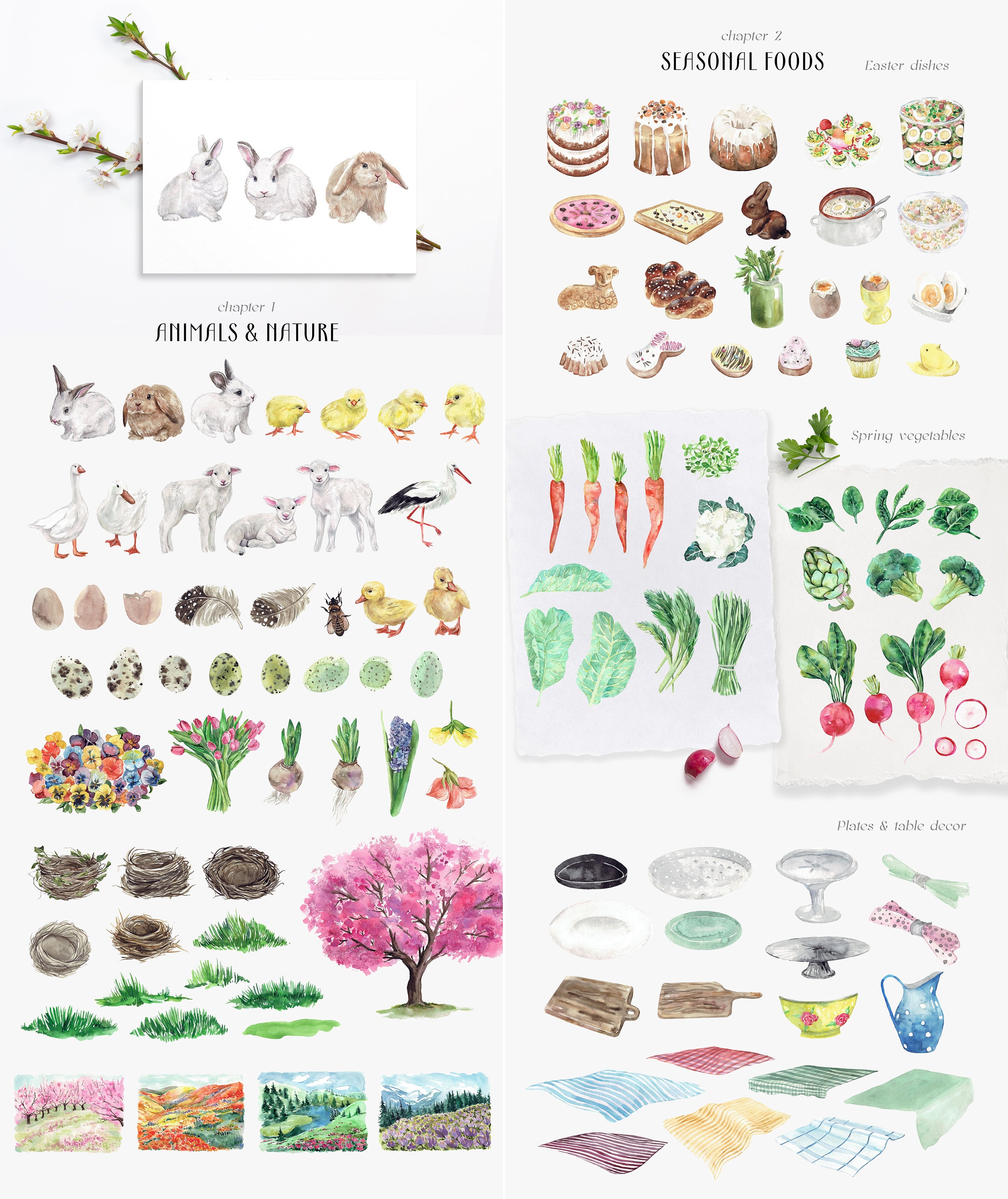 SPRING Essentials Watercolor Easter Bunnies Chicks Gardening - Etsy