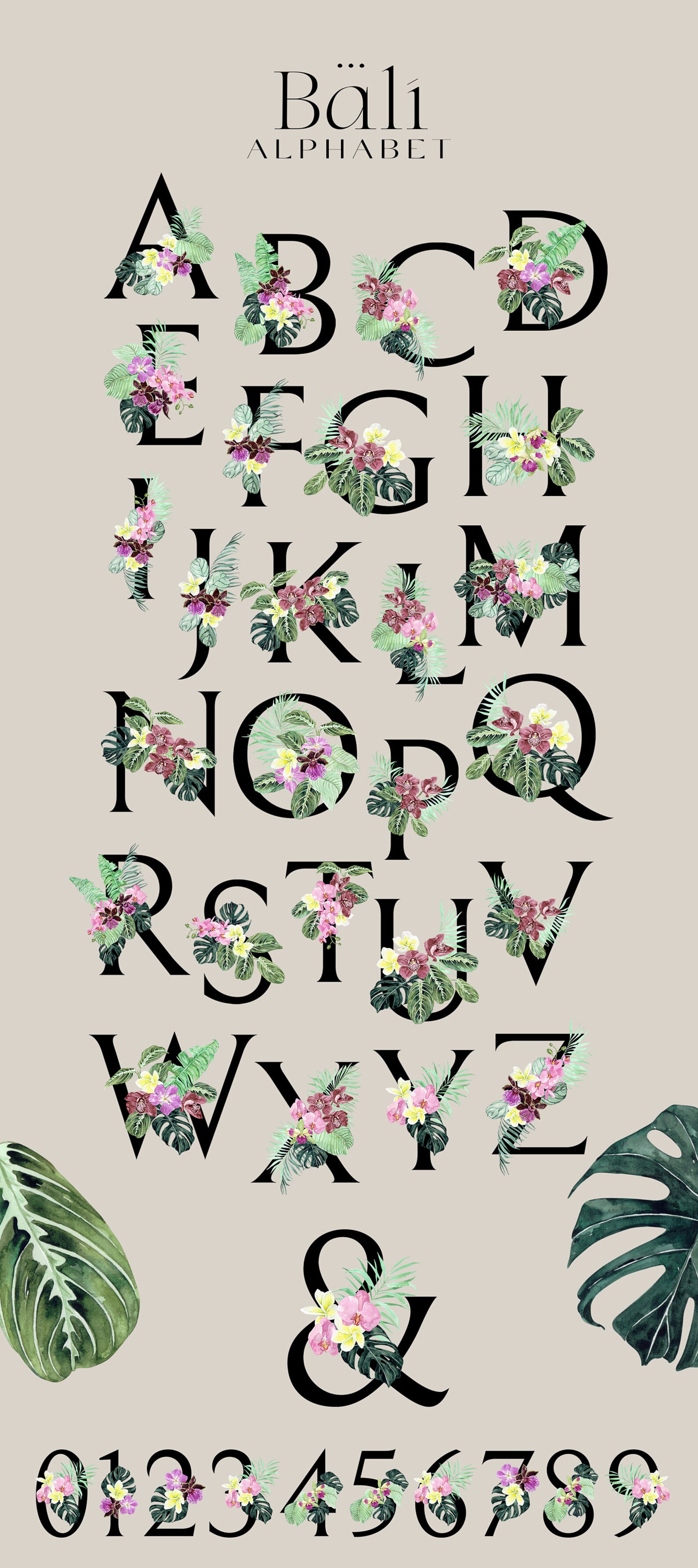 Bali Tropical Watercolor Floral Alphabet Clipart, Exotic Flowers ...
