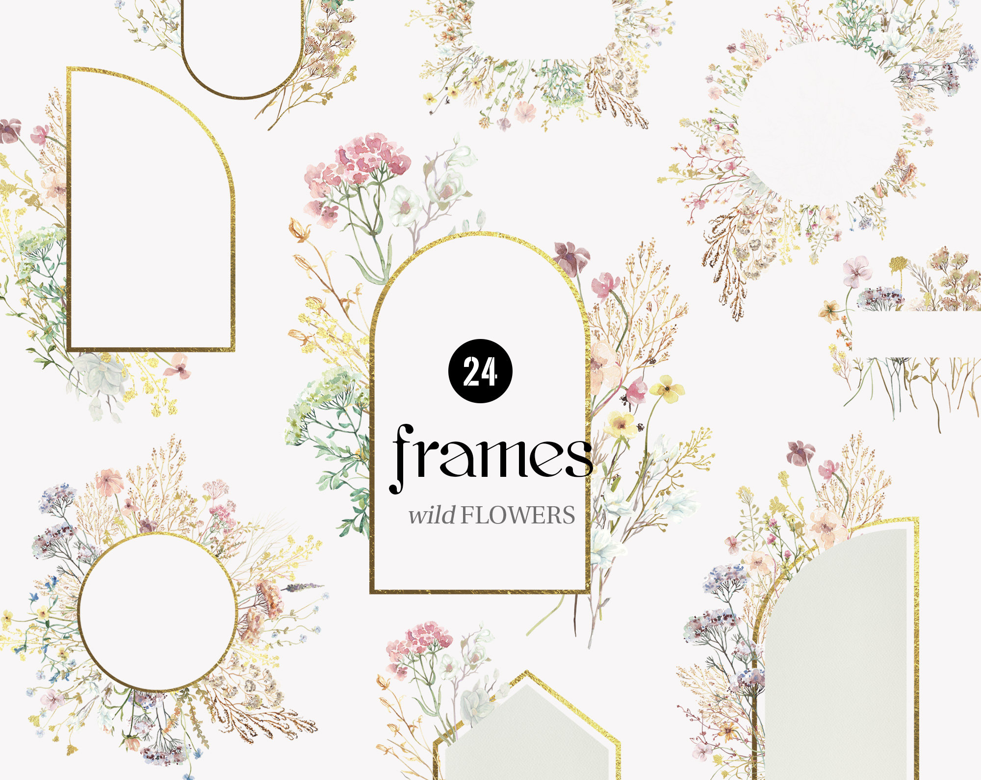 Midsummer Wild Field Frames Watercolor Wildflower Clipart, Delicate ...