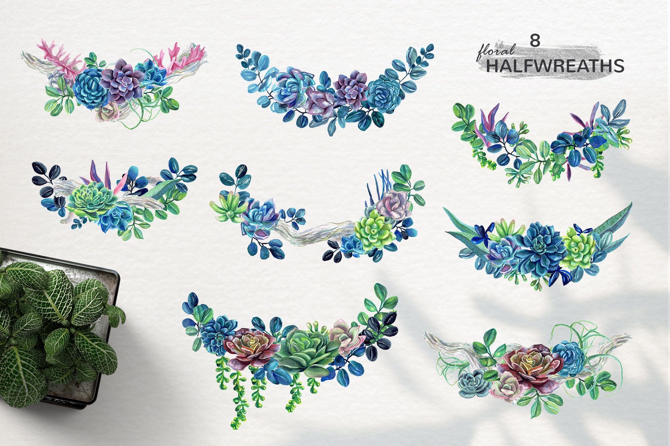 Succulents Wreaths Watercolor Clipart, Floral Watercolor Wreath Clipart ...