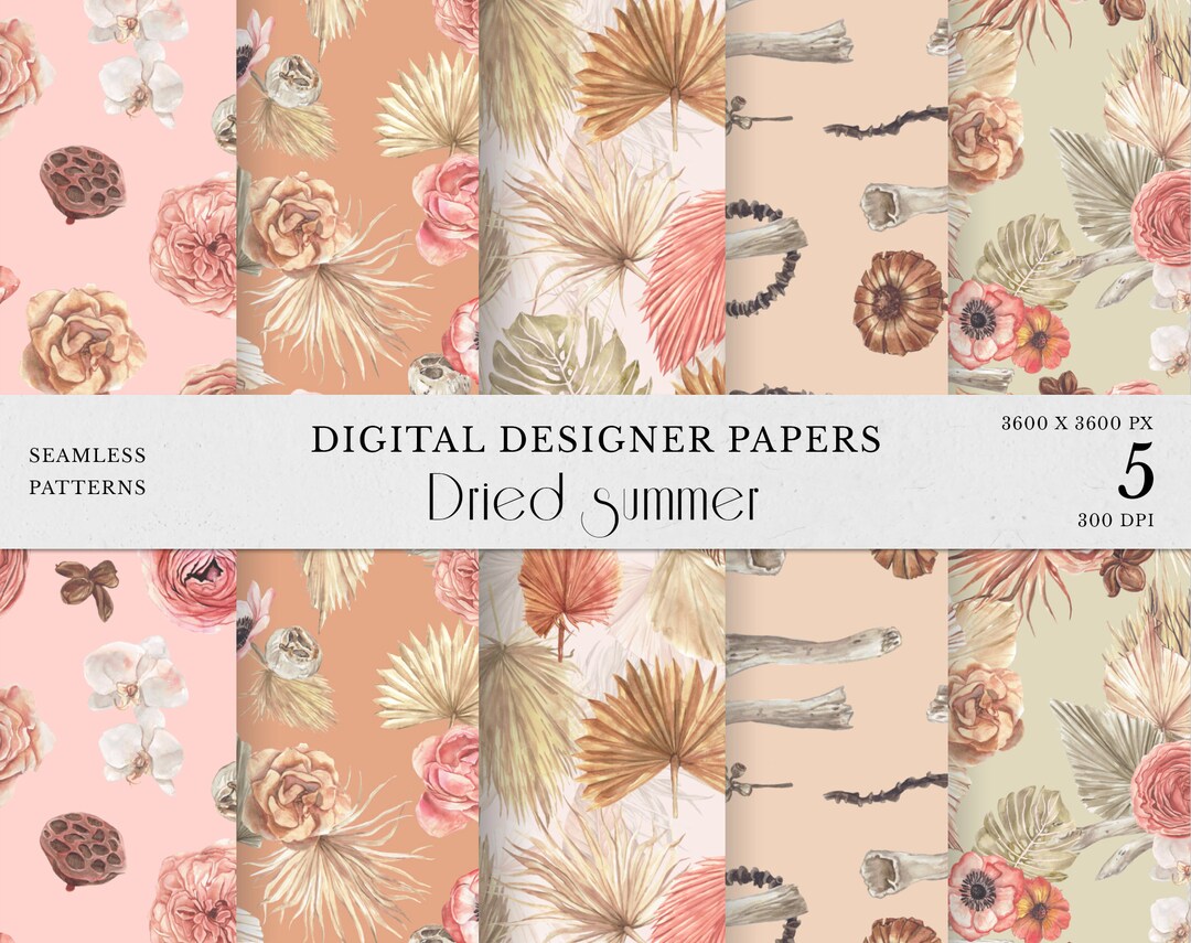 Watercolor Boho Floral Seamless Patterns, Boho Flowers and Dried Palm ...