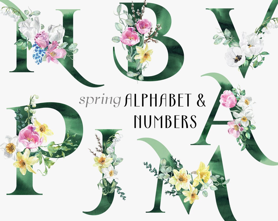 SPRING Essentials Green Alphabet, Pastel Floral Watercolor Letters ...