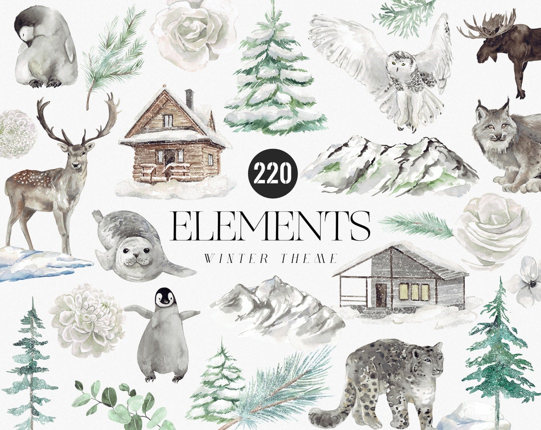 Watercolor Forest Mountain Digital Clipart Set, Winter Animal Clipart ...