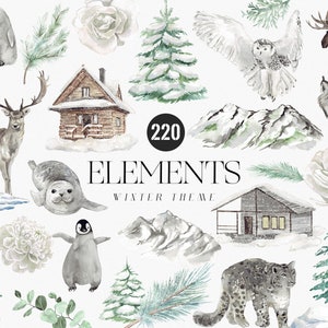 Watercolor Forest Mountain Digital Clipart Set, Winter Animal Clipart ...