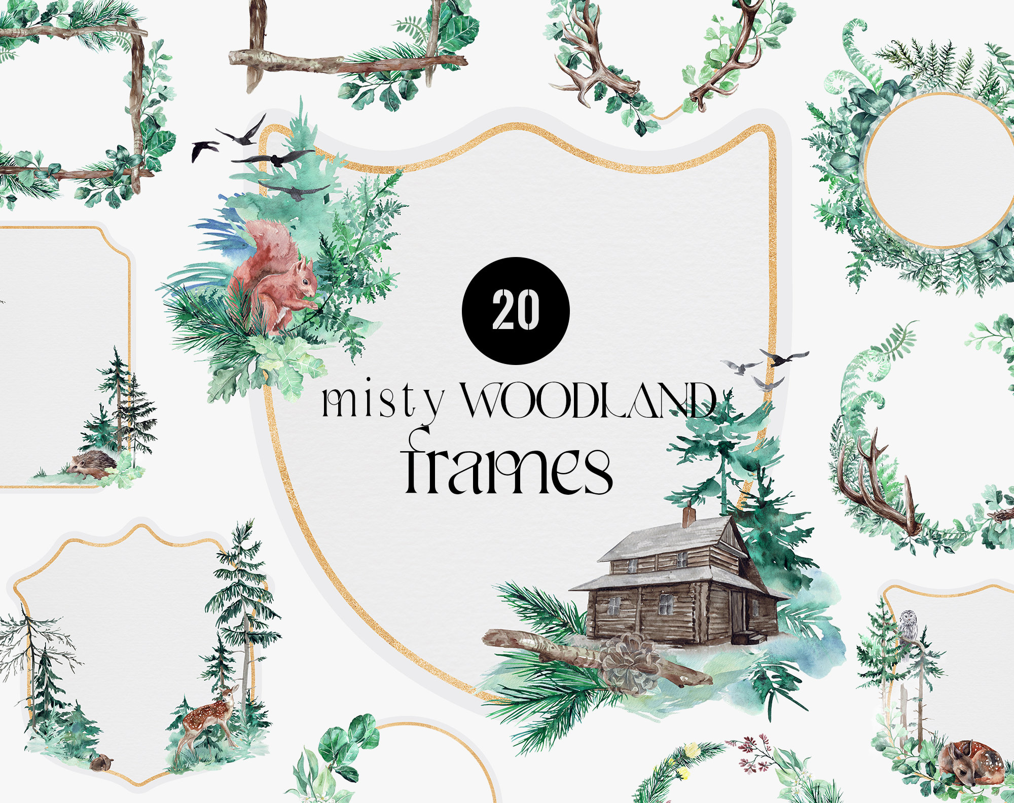 Watercolor Forest Frames Misty Woodland Forest Animals - Etsy