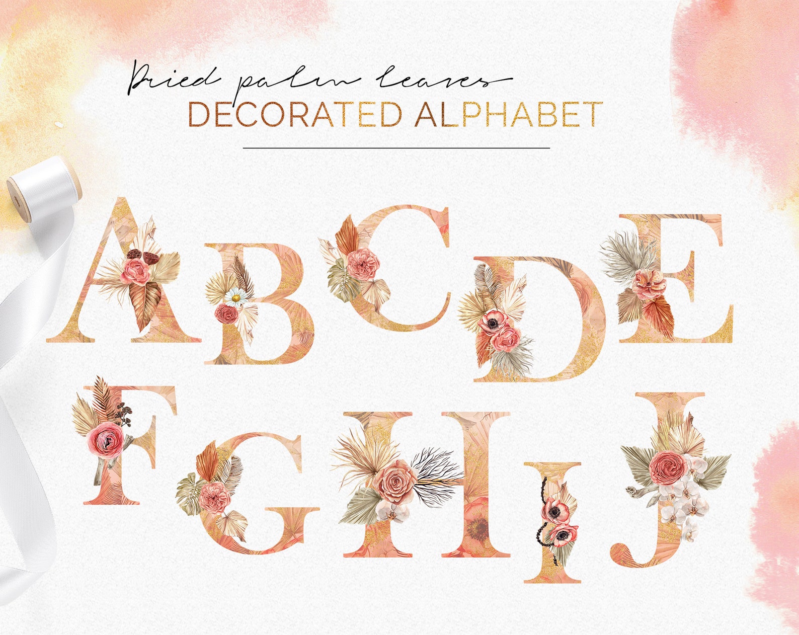 Watercolor Boho Floral Alphabet flowers and dried palm | Etsy