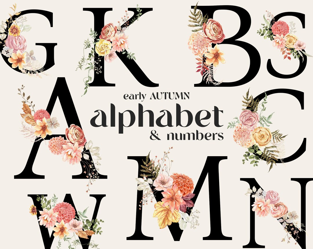 Early Autumn Alphabet and Numbers Watercolor Floral Clipart, Cozy Fall ...