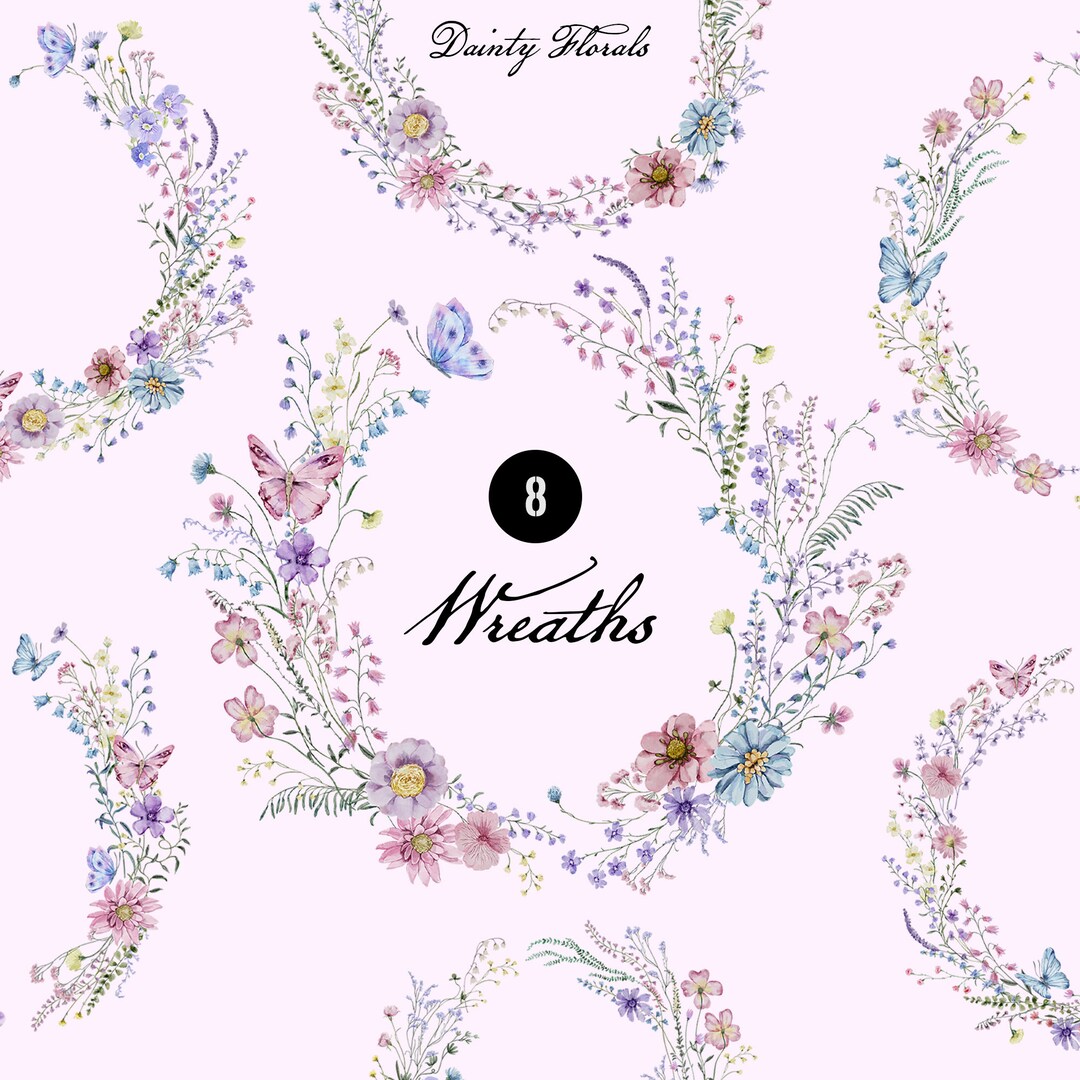 Watercolor Dainty Florals Wildflower Wreaths Clipart, Delicate ...