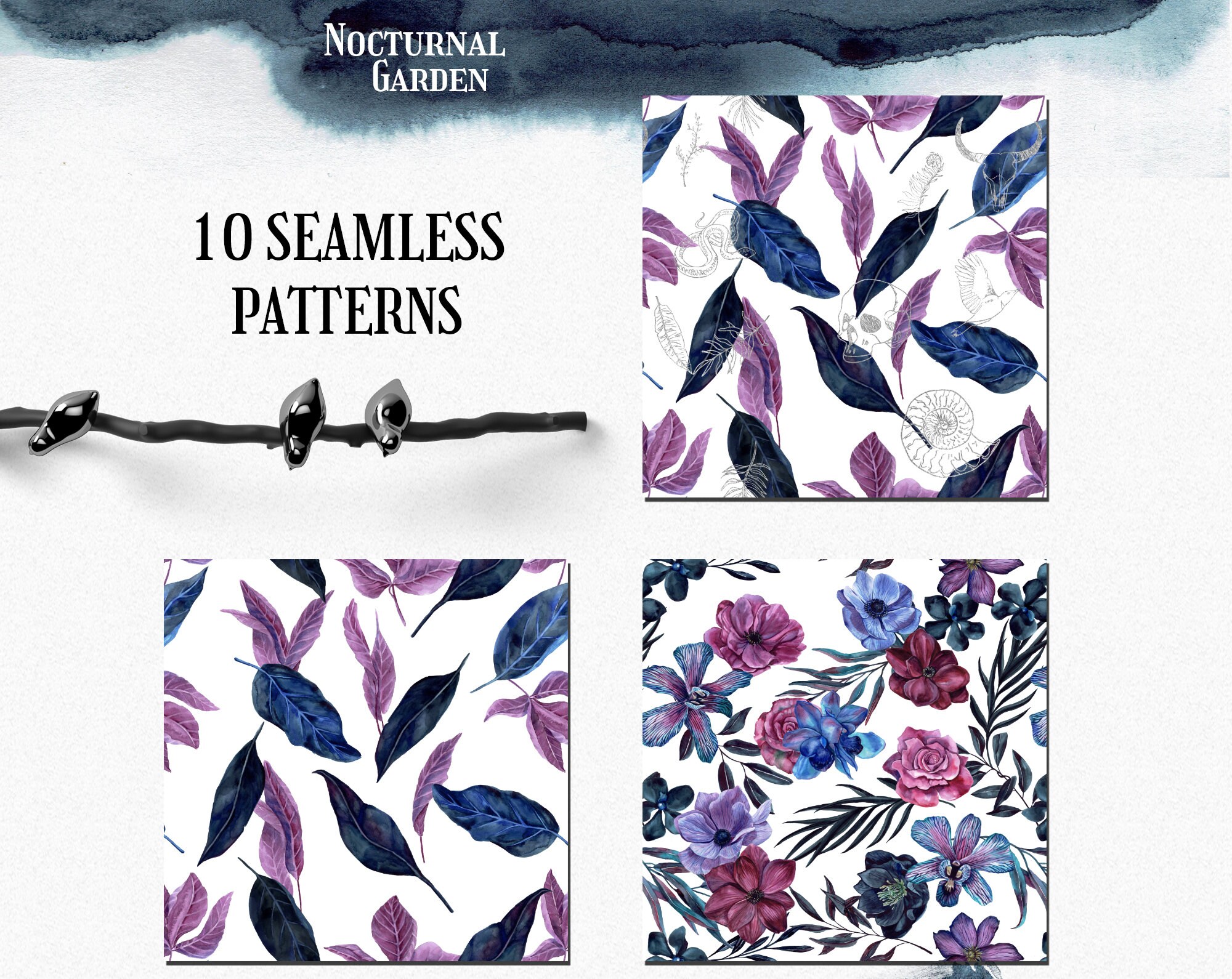 Nocturnal Garden Patterns Dark Watercolor Floral Digital - Etsy