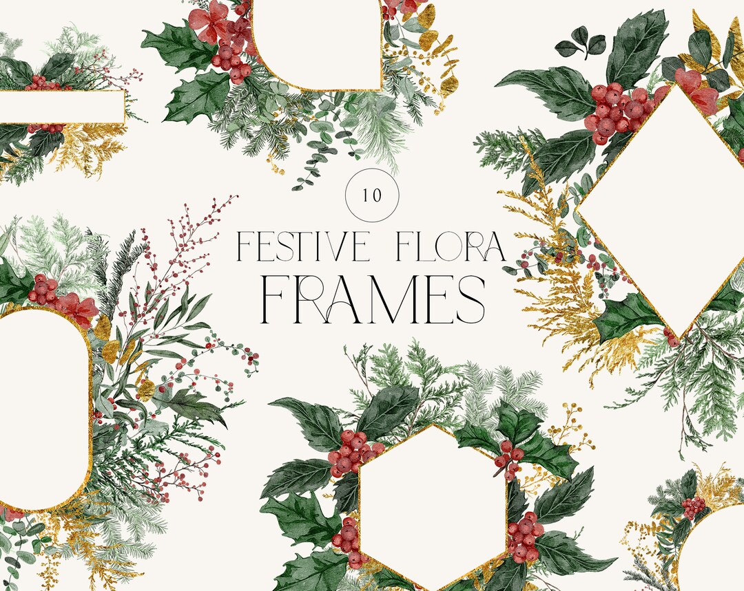 Festive Flora Frames Watercolor Clipart, Christmas Florals Foliage ...