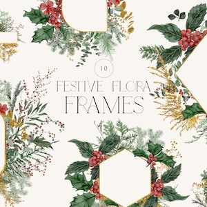Festive Flora Frames Watercolor Clipart, Christmas Florals Foliage ...
