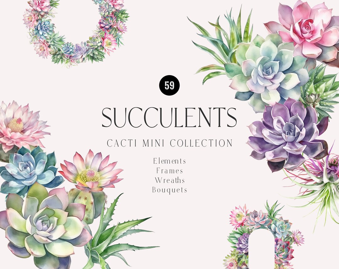 Succulents Watercolor Clipart, Pastel Succulent & Cacti Wreath ...