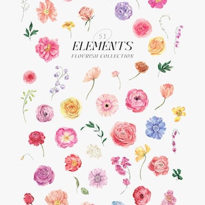 FLOURISH Watercolor Floral Elements DIY, Bright Watercolor Flowers Png ...