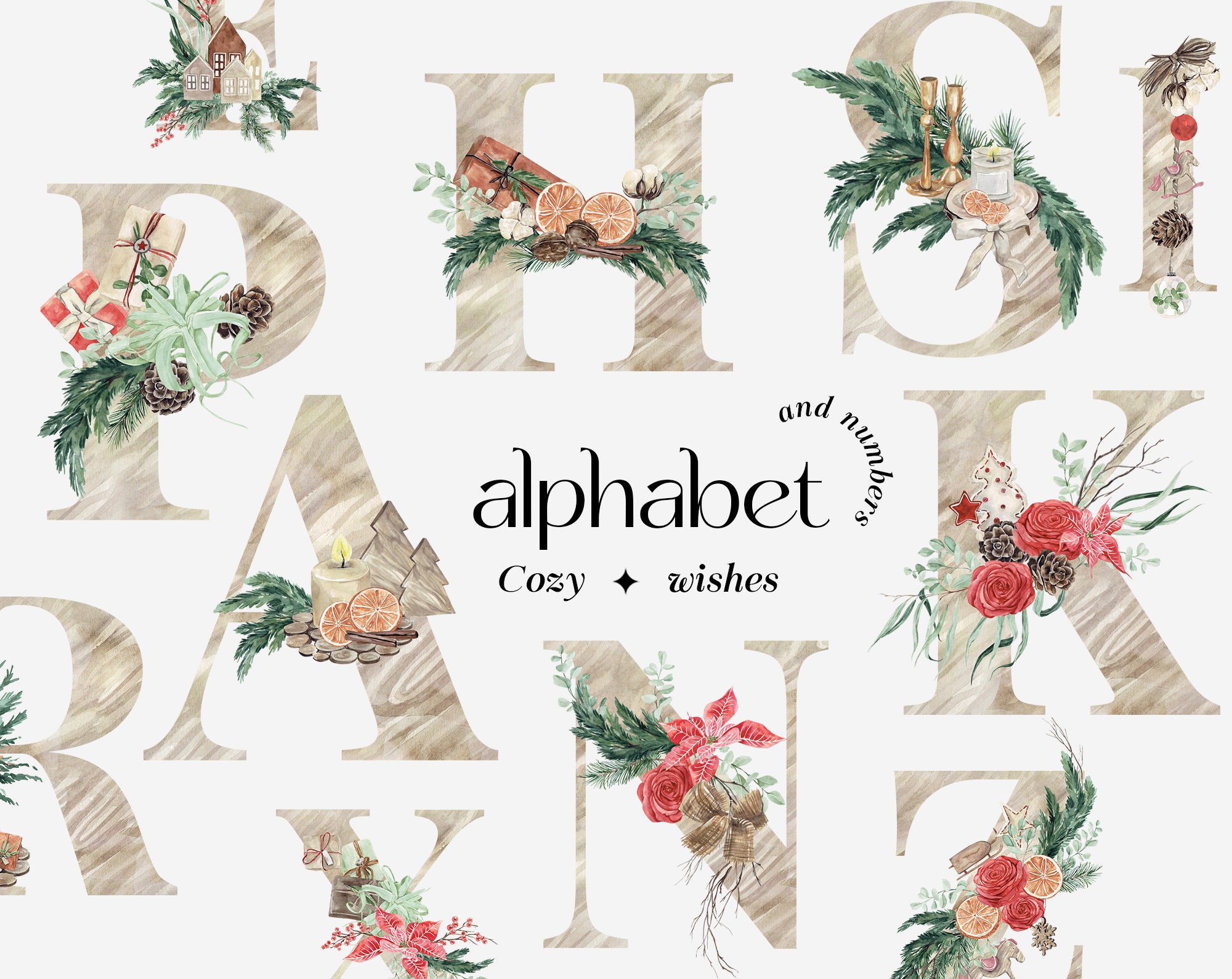 Watercolor Christmas Alphabet Holidays Letters and Numbers - Etsy