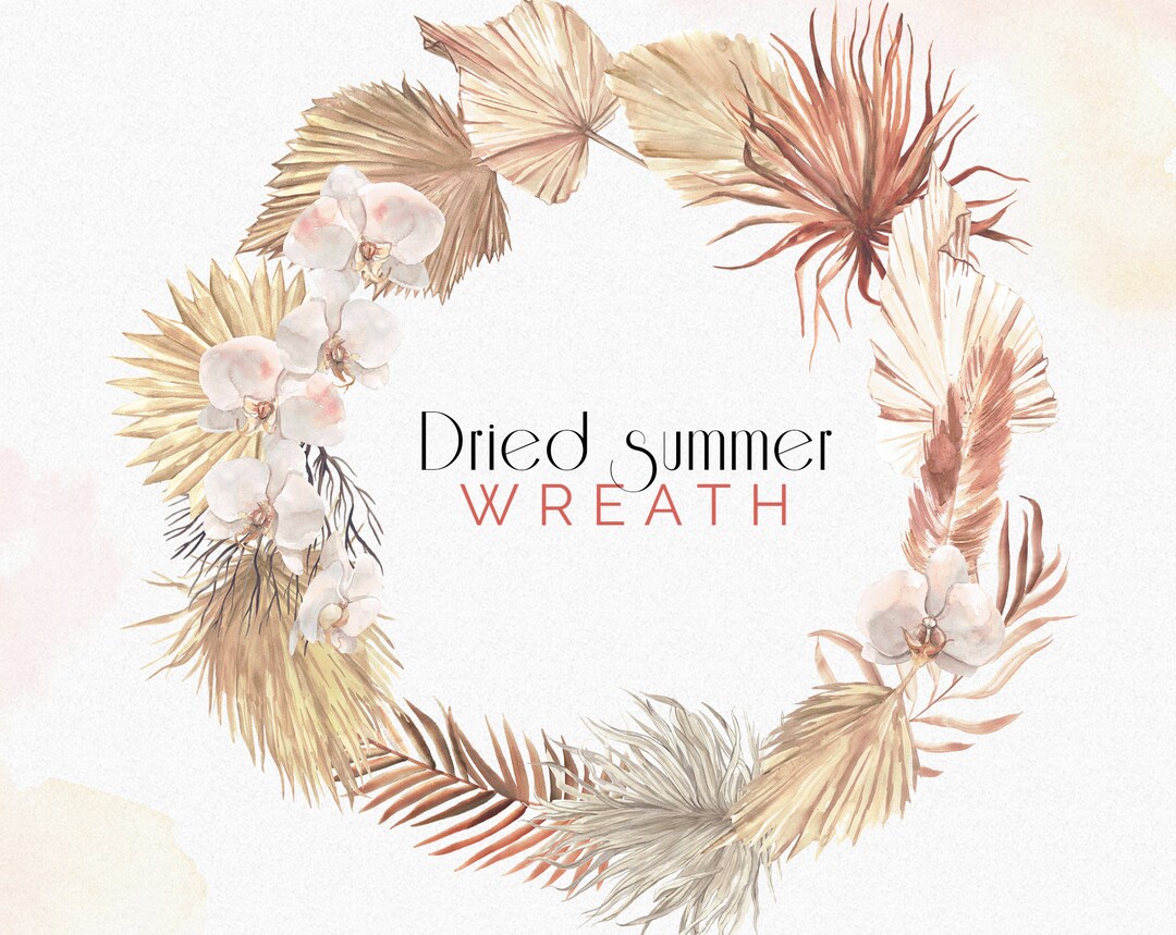 Watercolor Boho Floral Wreath Clipart, Flowers and Dried Palm Leaves ...