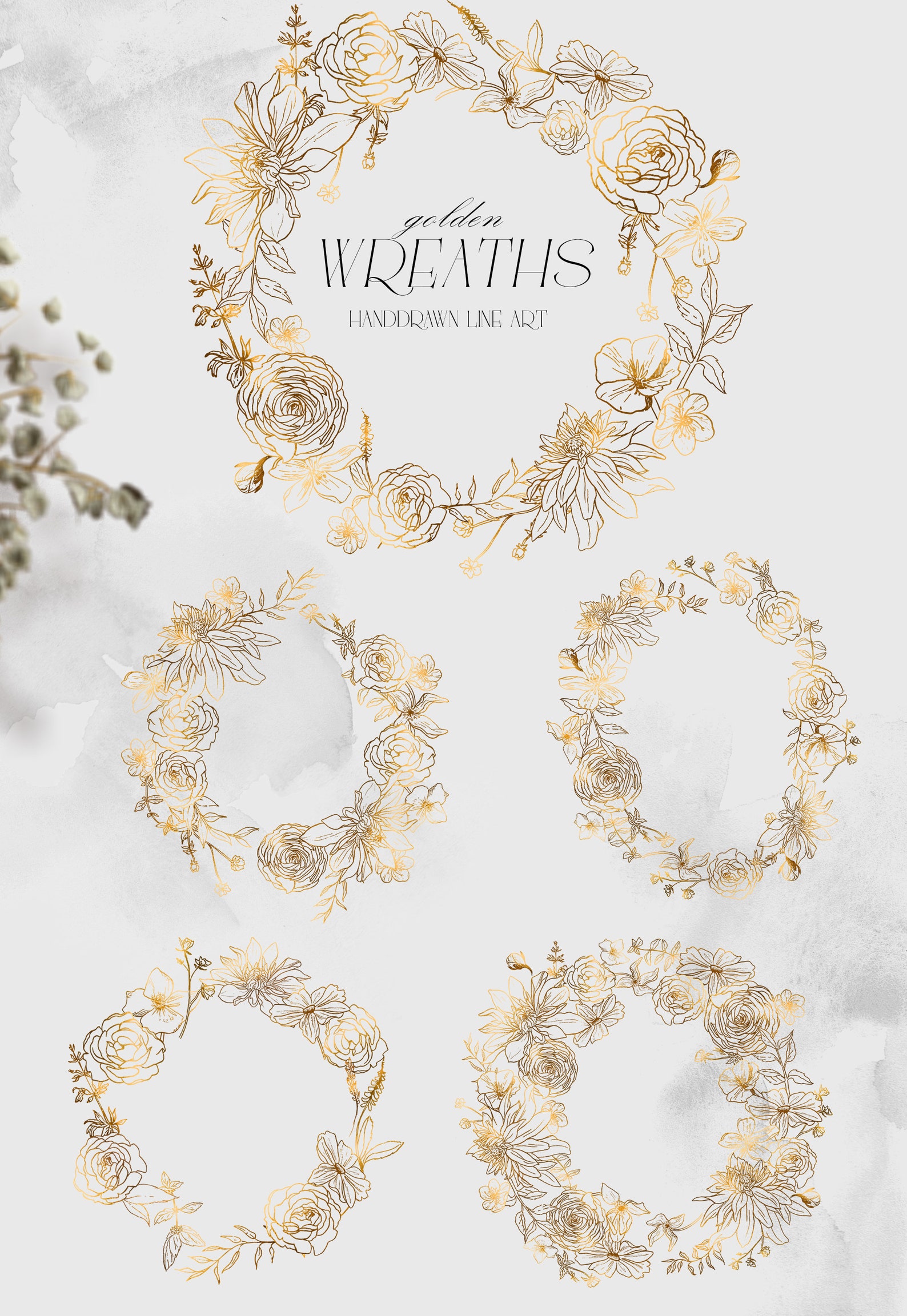 Gold Line Art Flowers Clipart, Hand Drawn Wild Flowers and Roses ...