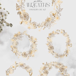 Gold Line Art Flowers Clipart, Hand Drawn Wild Flowers and Roses ...