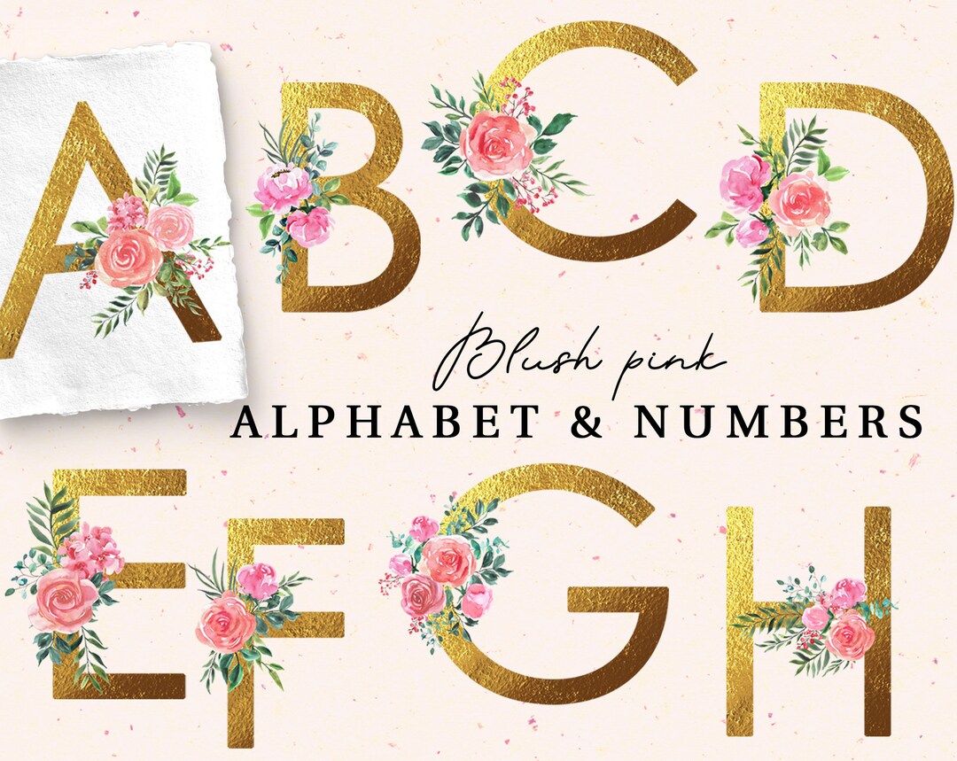 Blush Pink Roses Floral Watercolor Clipart, Gold Alphabet, Pink Roses ...