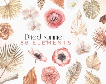 Watercolor Boho Floral Clipart Flowers Dried Palm Leaf - Etsy