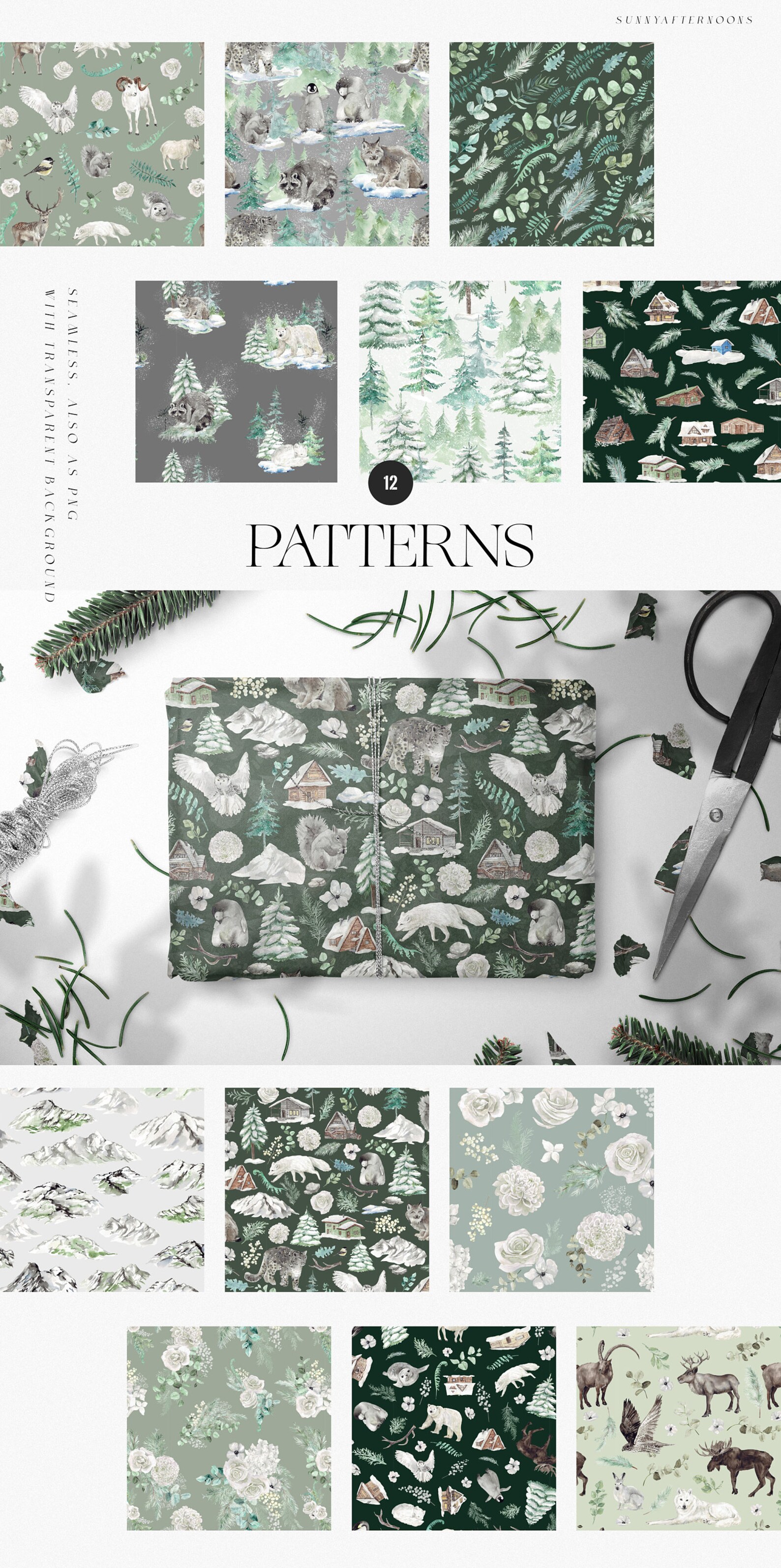 Watercolor Forest Mountain Digital Papers, Winter Animal Clipart, Wood ...