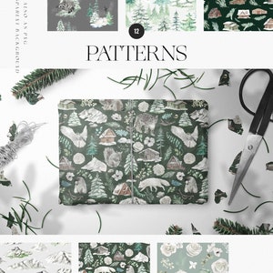 Watercolor Forest Mountain Digital Papers, Winter Animal Clipart, Wood ...