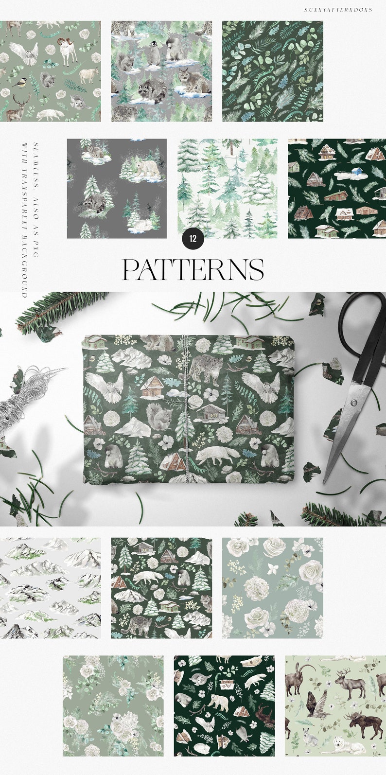 Watercolor Forest Mountain Digital Papers, Winter Animal Clipart, Wood ...