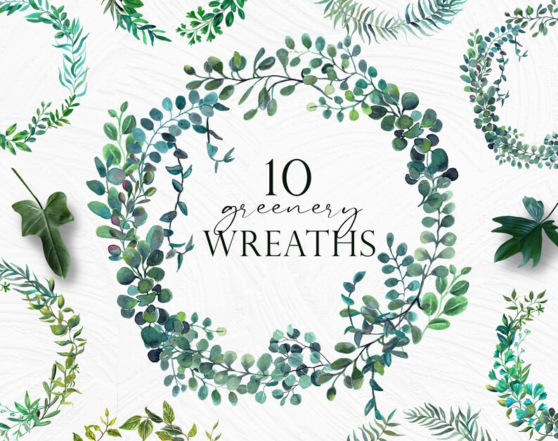 Greenery Wreaths Watercolor Clipart, Green Wreath, Modern Greenery ...