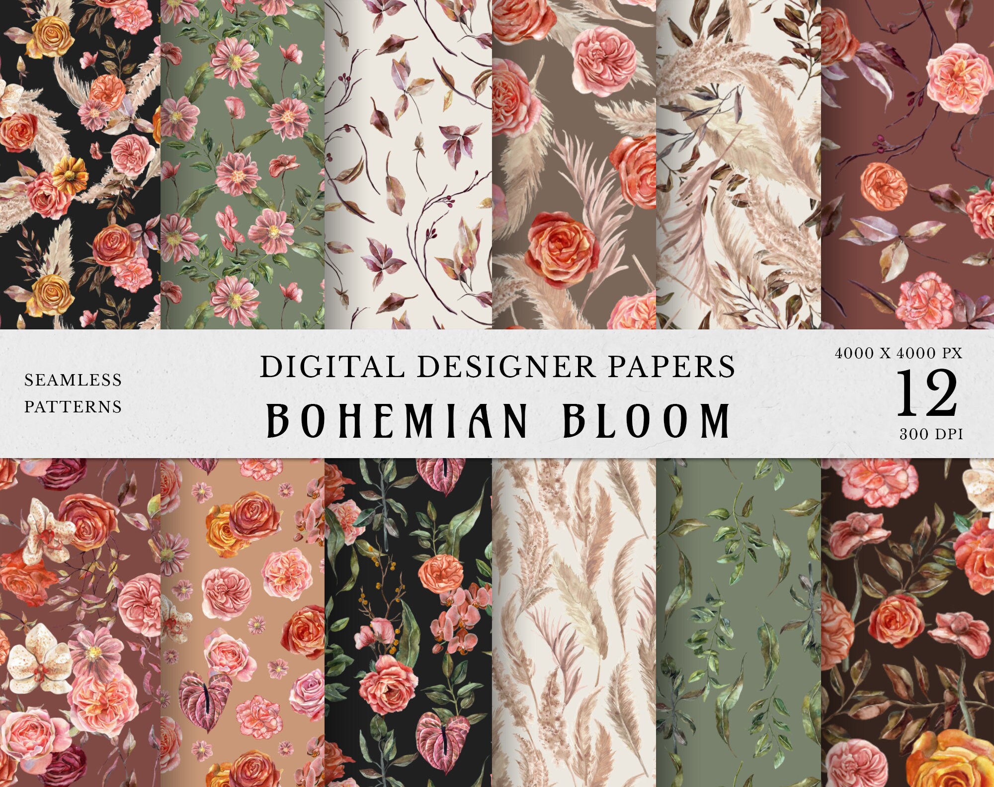 floral watercolor roses Bohemian Bloom Pampas Grass clipart neutral ...