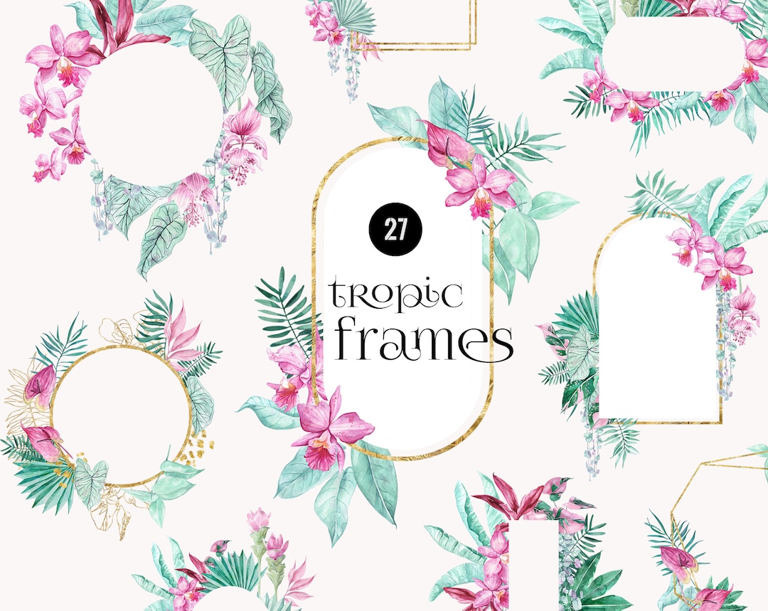 Tropic Mystique Frames Watercolor Exotic Clipart, Jungle Leaves ...