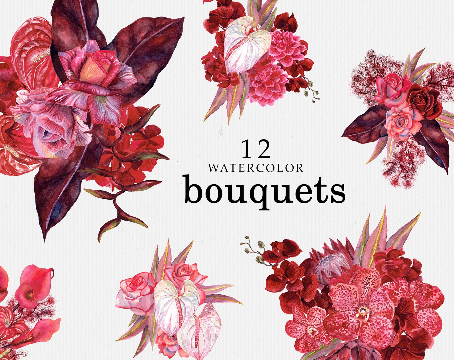 Crimson Floral Watercolor Clipart Roses Orchids Watercolor - Etsy