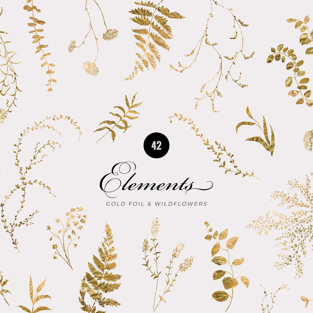 Gold Lineart Floral Clipart, Golden Leaves, Gold Foliage Separate ...