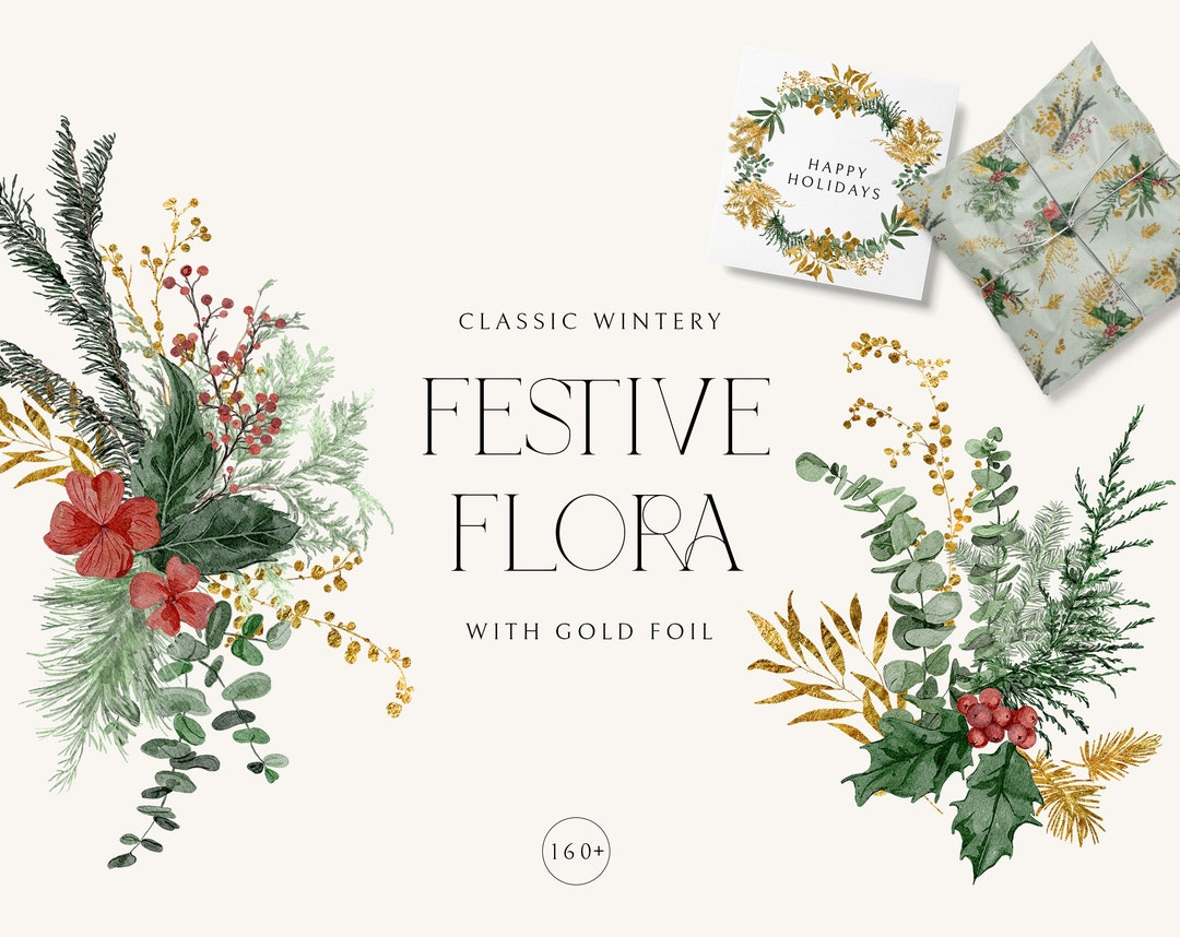 Festive Flora Watercolor Clipart, Christmas Florals Foliage, Winter ...