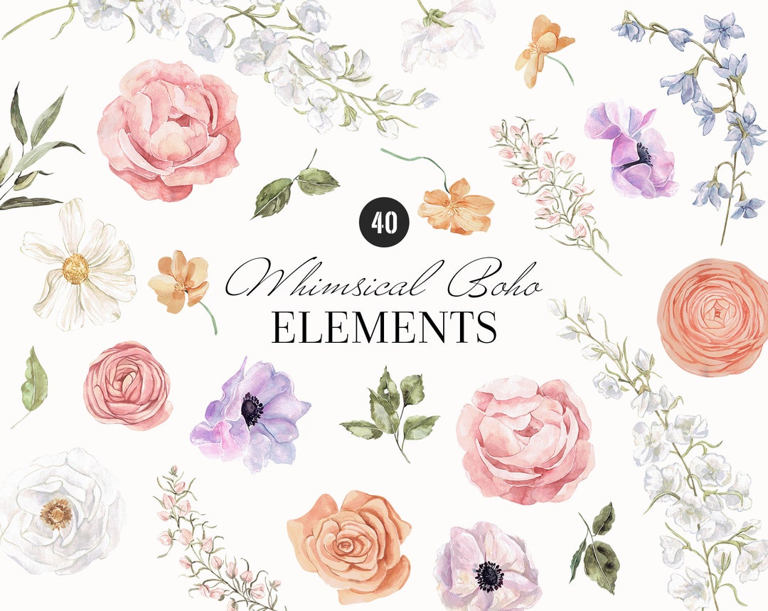 Whimsical Boho Watercolor Pastel Floral Elements Clipart, Light Airy ...